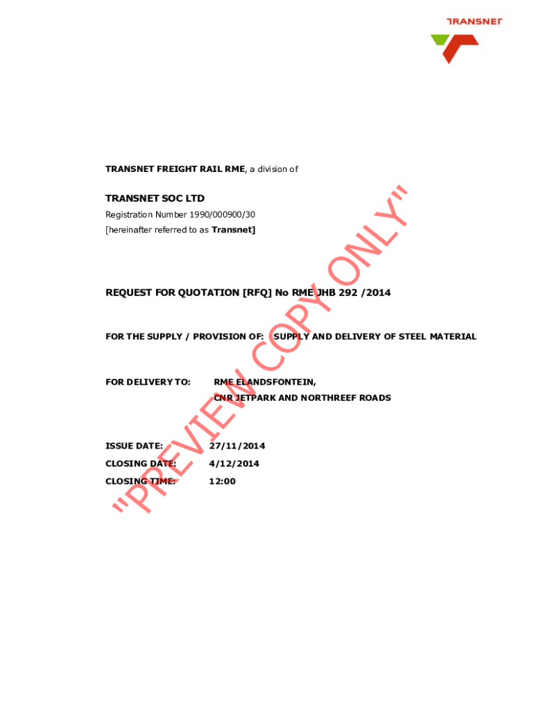 Fillable Online Transnet Request for Quotation No RME JHB 292 /2014 Fax ...