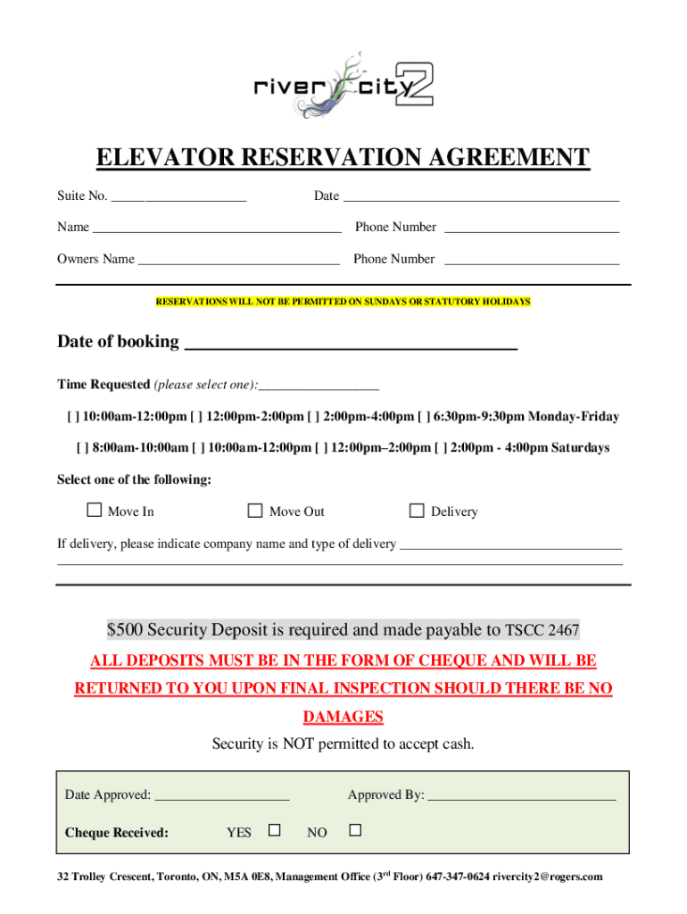 Fillable Online SERVICE ELEVATOR RESERVATION AGREEMENT Fax Email Print ...