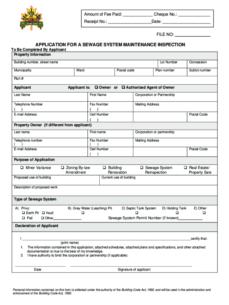 Fillable Online APPLICATION FOR A SEWAGE SYSTEM MAINTENANCE ... Fax ...