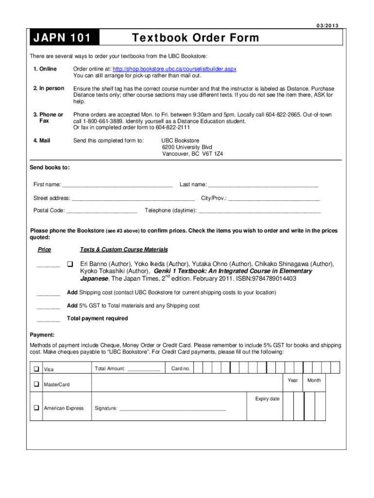 Fillable Online Textbooks - UBC Bookstore - The University of British Columbia Fax Email Print ...