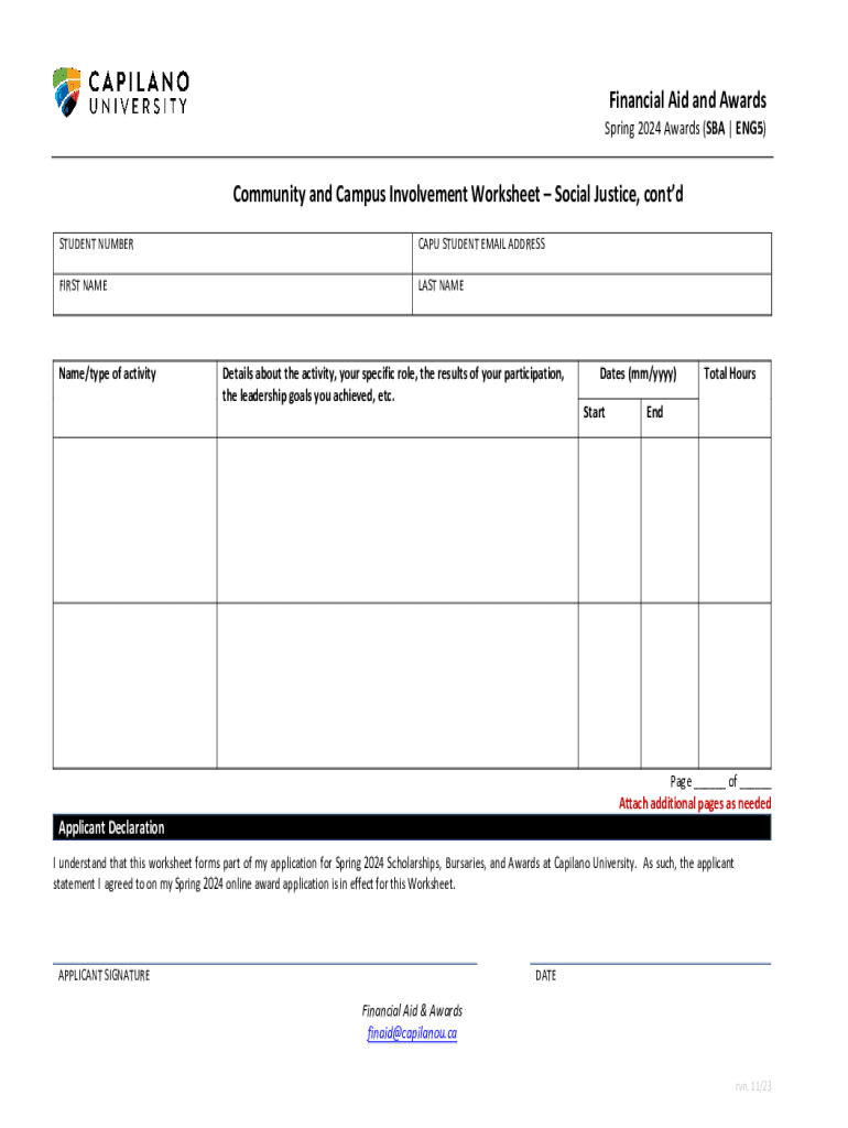 Fillable Online Community and Campus Involvement Worksheet Fax Email ...