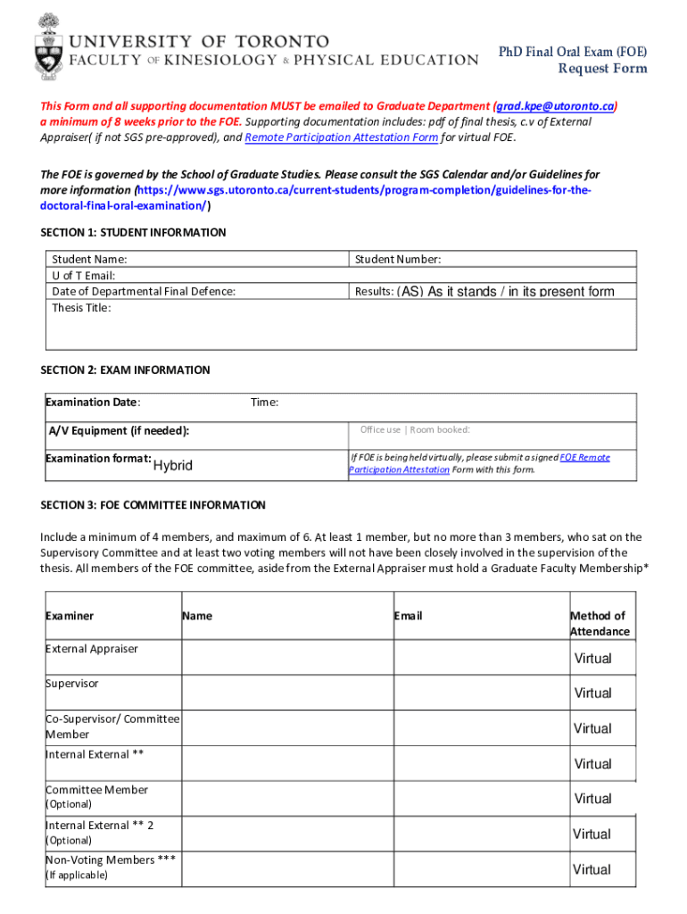 Fillable Online PhD Final Oral Examination (FOE) Booking Request Form ...
