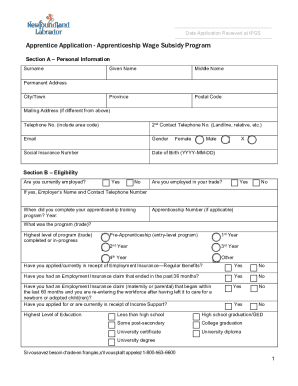 Fillable Online Apprentice Application - Apprenticeship Wage Subsidy ...