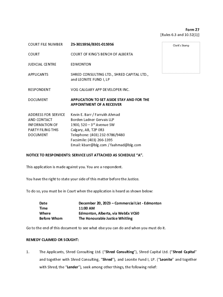 Fillable Online COURT FILE NUMBER 25-3015956/B301-015956 ... Fax Email ...