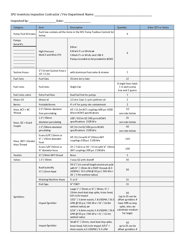 Fillable Online Inventory Inspection Report for Contractor / Fire ...