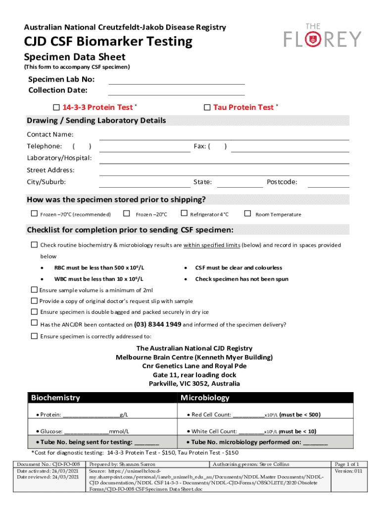 Fillable Online florey edu Detection of 14-3-3 protein in the ...