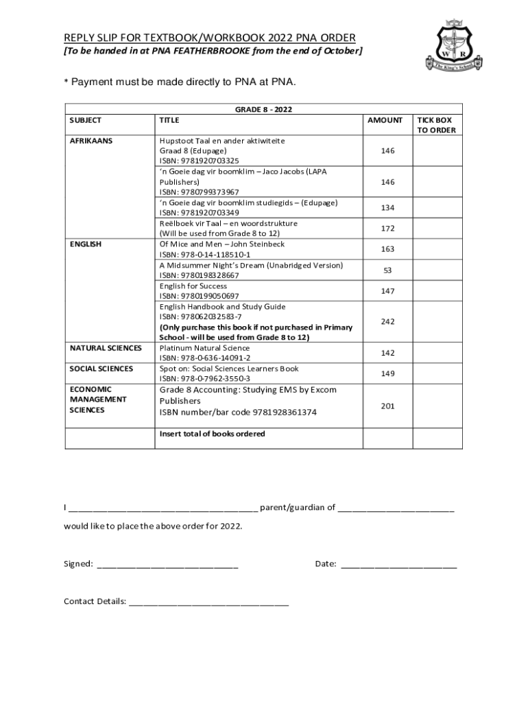 Fillable Online 2022 GR 8-12 SCHOOL TEXTBOOK ORDER FORM.pdf Fax Email ...