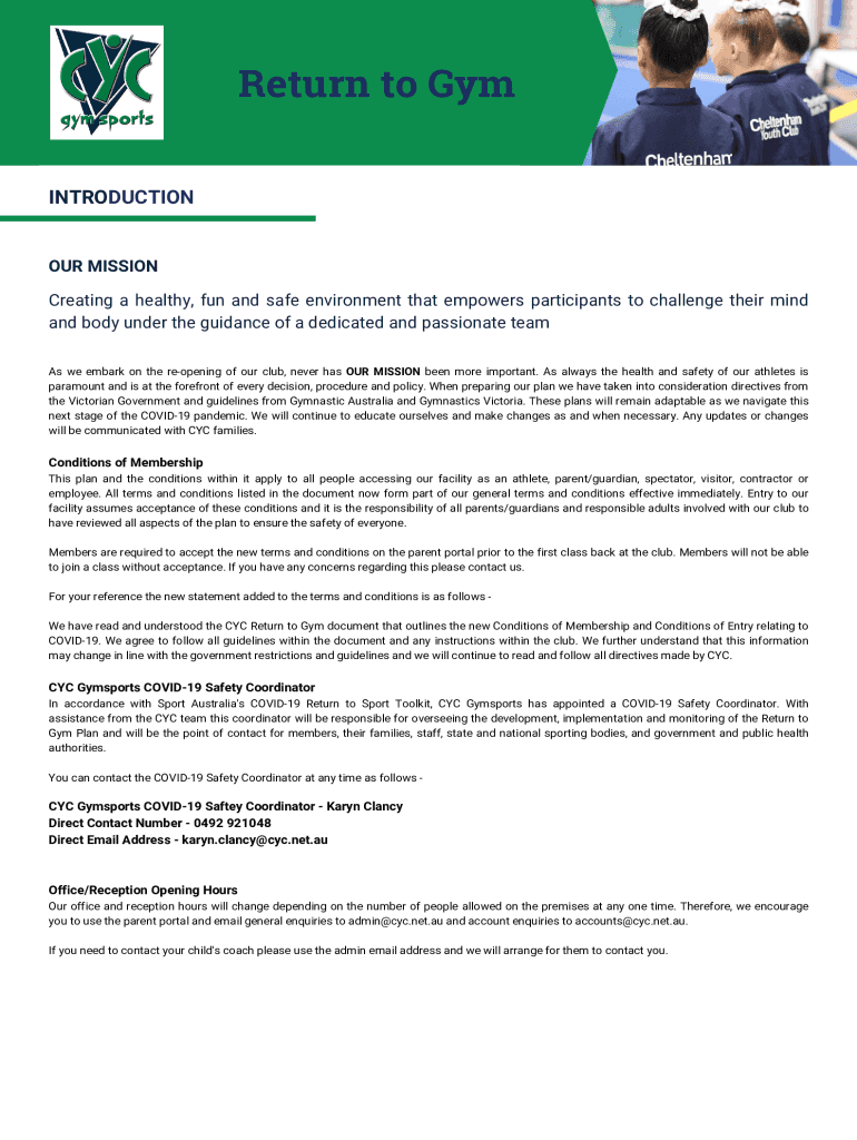 Fillable Online cyc net Return to Gym Plan Squad - Nov Fax Email Print ...