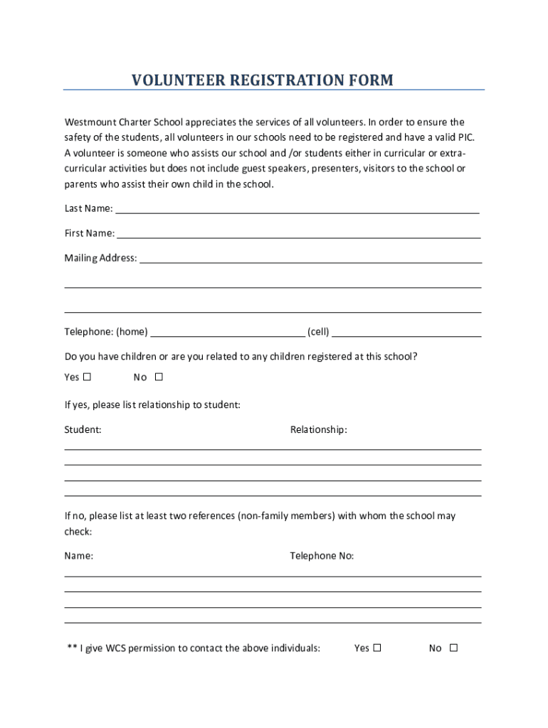 Fillable Online VOLUNTEER REGISTRATION FORM Westmount Charter School ...