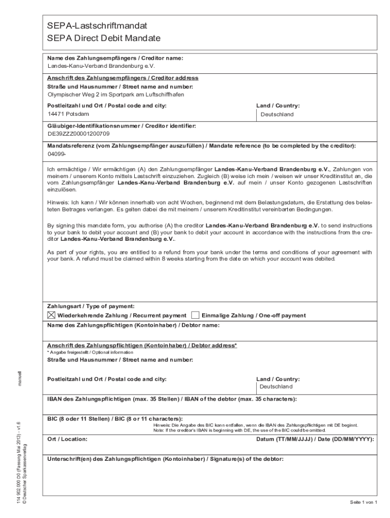Ausfüllbar Online SEPA Direct Debit Mandate (dynamisch) Fax Email ...