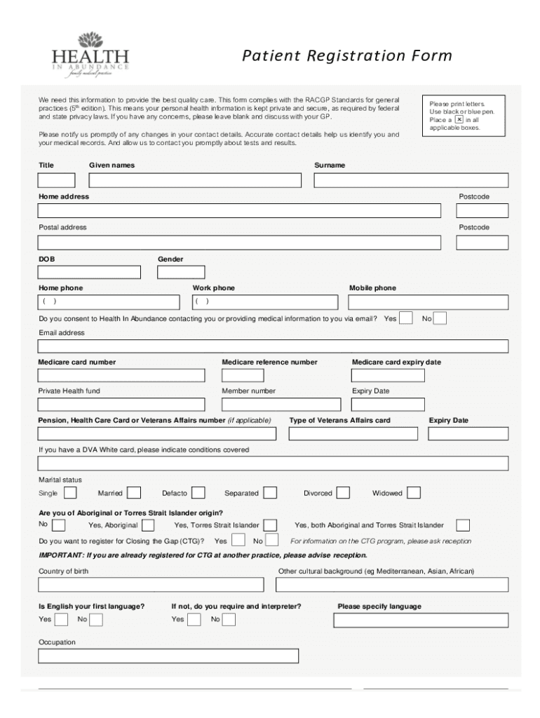 Fillable Online This form complies with the RACGP Standards for general ...