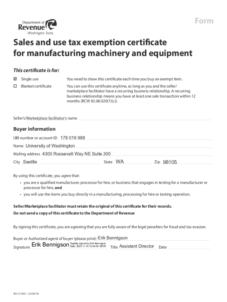 Fillable Online Bennigson M&E tax exempt certificate 27-0021.pdf Fax ...