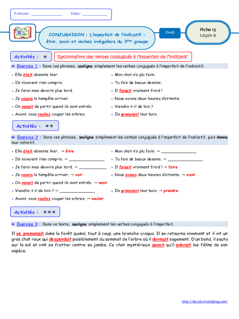 Remplissable En Ligne L'imparfait de l'indicatifCM1-CM2Fiche de ...