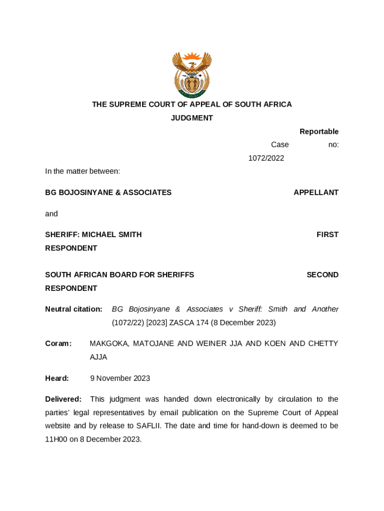 Fillable Online 1072/2022 In the matter between: BG BOJOSINYANE & A Fax ...