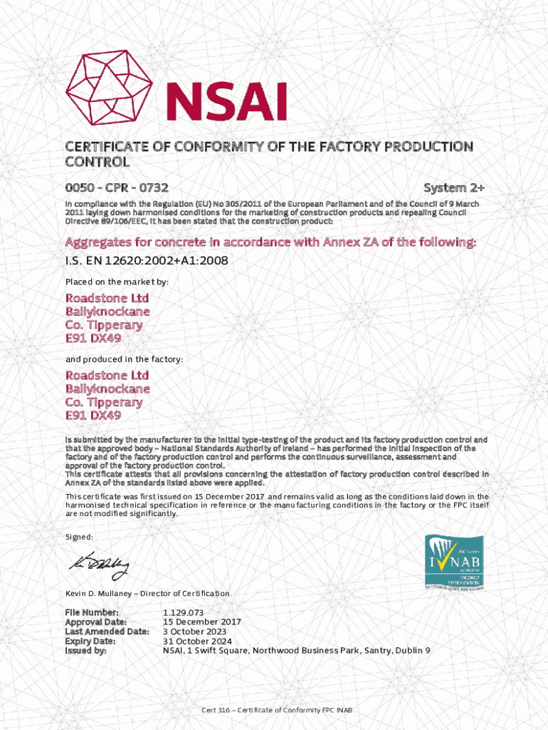 Fillable Online certificate of conformity of factory production control ...