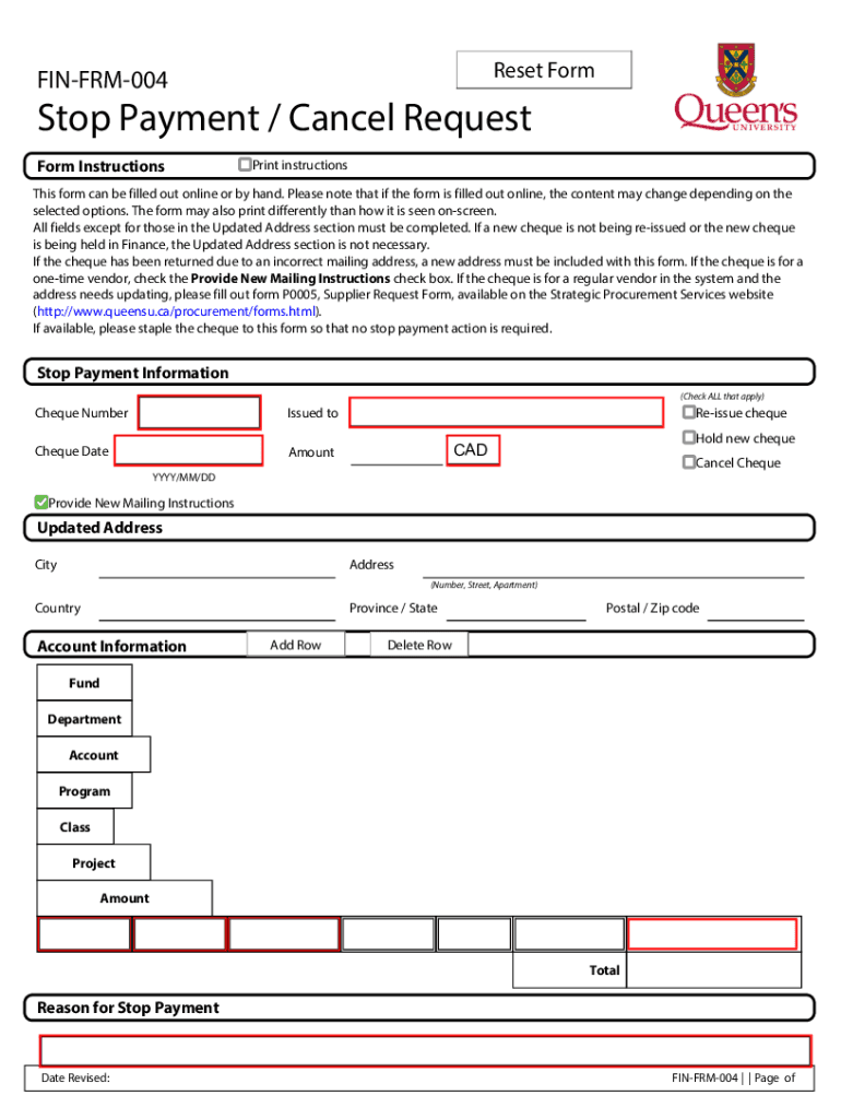 Fillable Online Stop Payment / Cancel Request. FIN-FRM-004 Fax Email ...