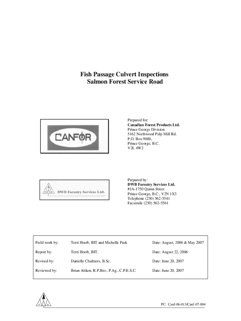 Fillable Online Fish Passage Culvert Inspections Salmon Forest Service ...