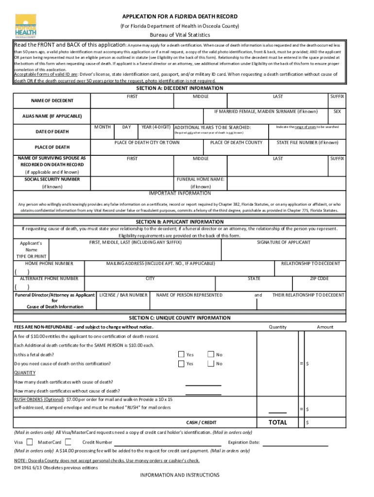 Fillable Online Death certificate order form florida Fax Email Print ...