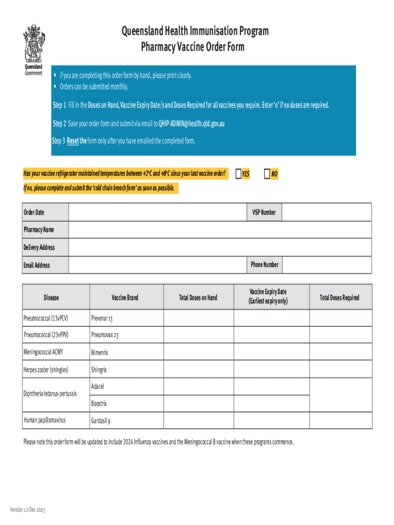 Fillable Online Pharmacy Vaccine Order Form - Queensland Health ...
