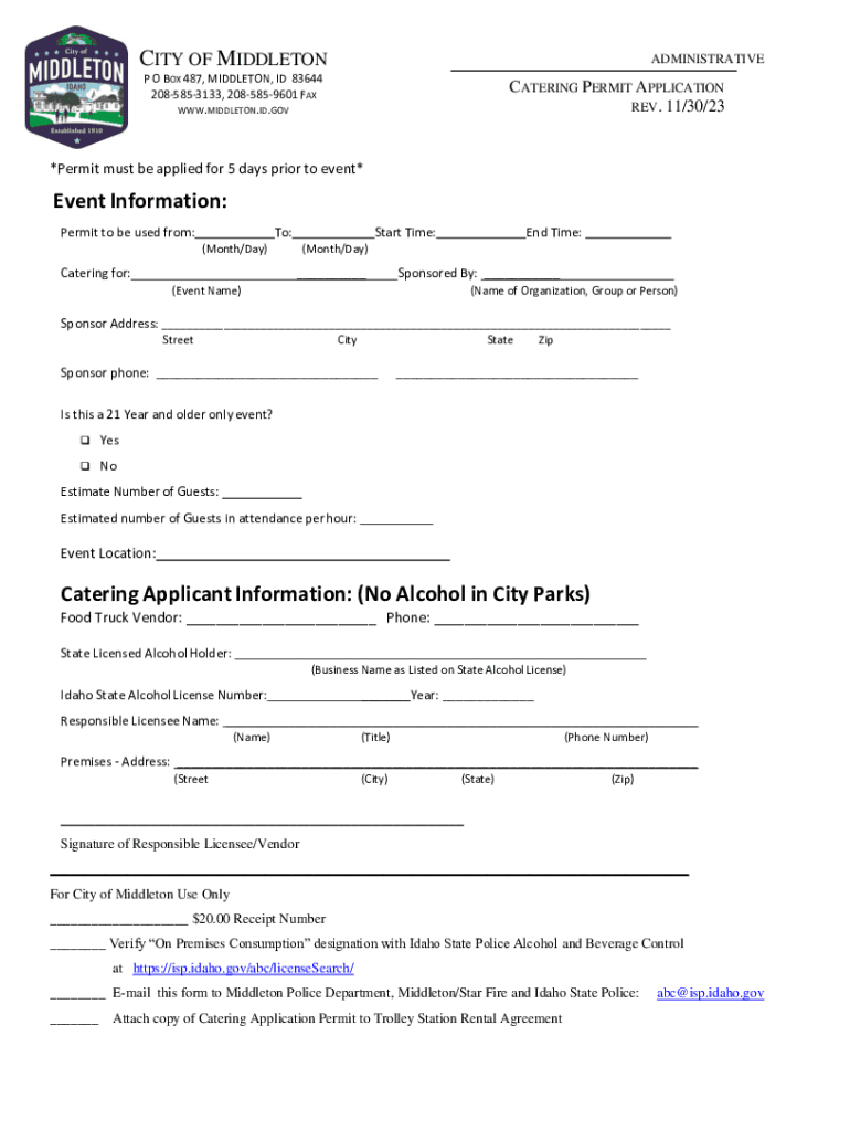 Fillable Online Catering Permit Application - City of Middleton Fax ...