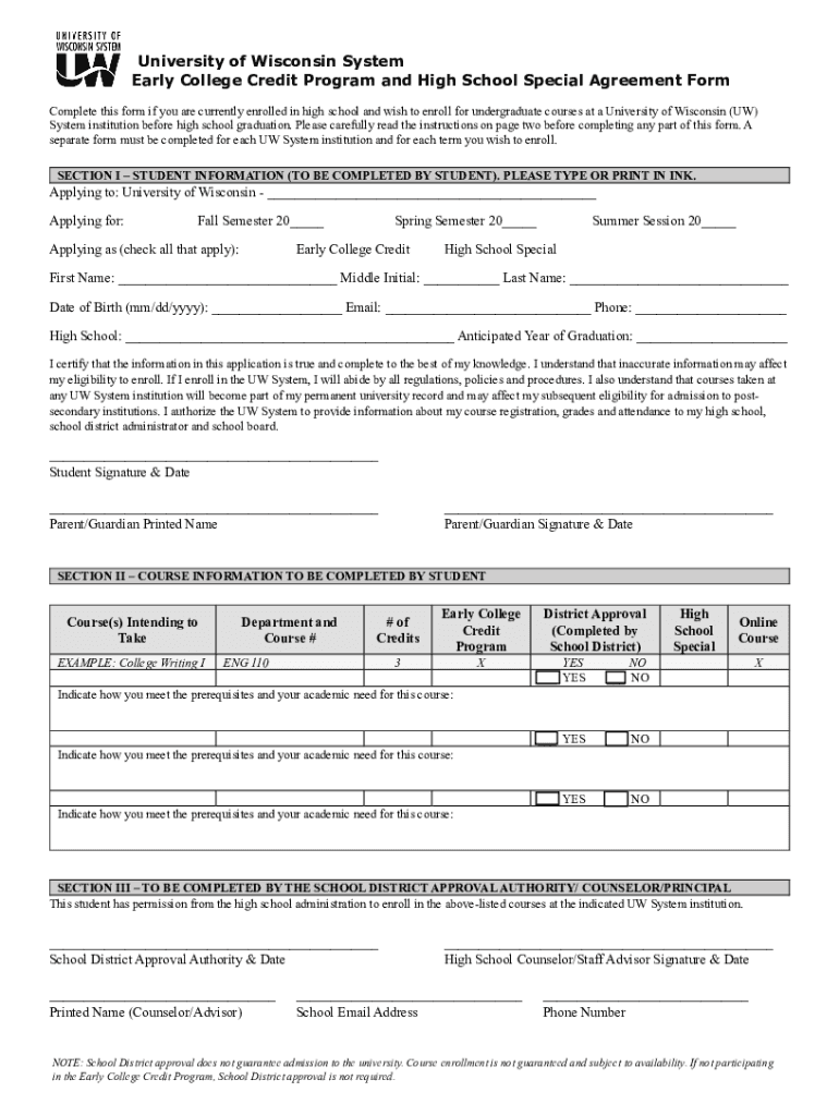 Fillable Online Early College Credit Program and High School Special ...