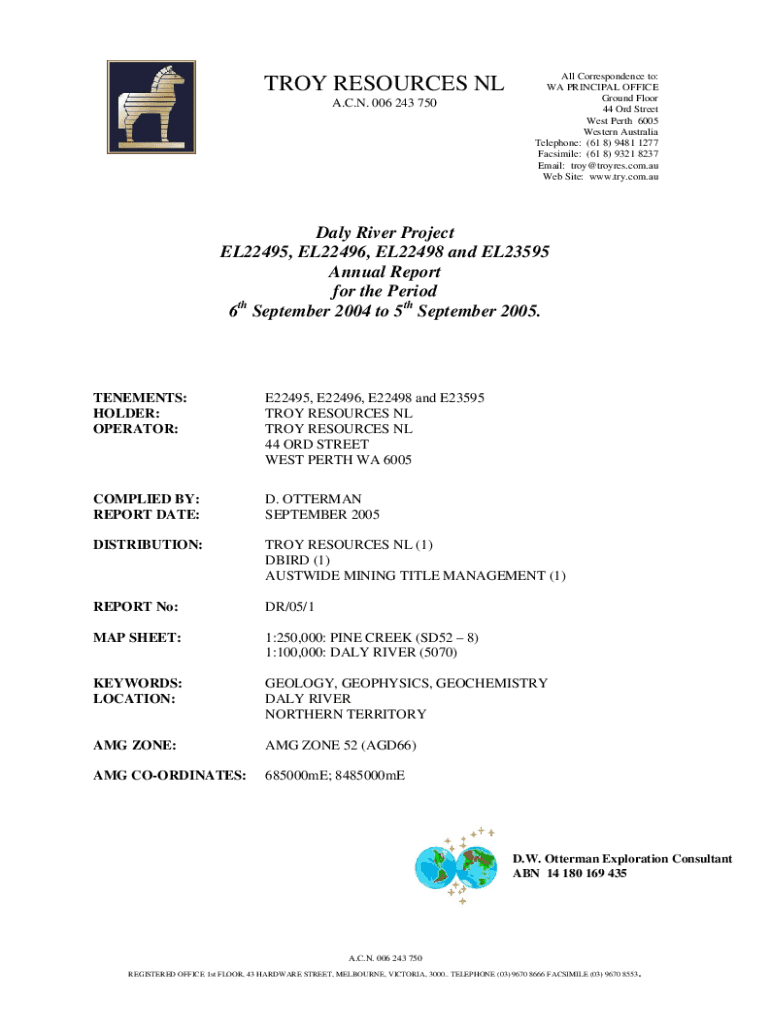 Fillable Online geoscience nt gov TROY RESOURCES NL Fax Email Print ...