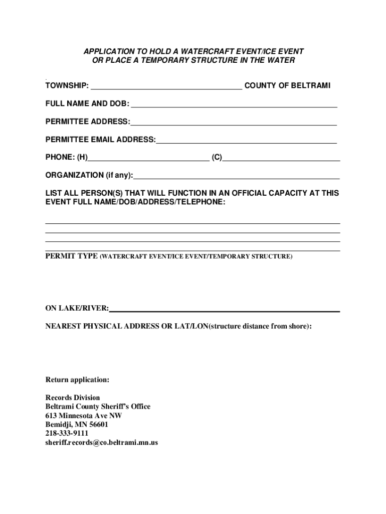 Fillable Online Application To Hold A Watercraft Event Form - Beltrami ...
