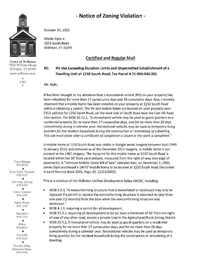Fillable Online Notice of Zoning Violation - Town of Williston, Vermont ...