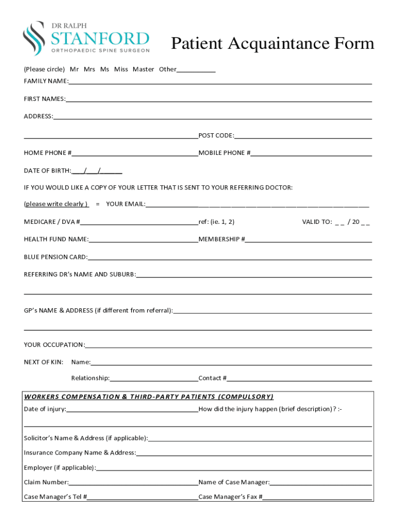 Fillable Online PATIENT ACQUAINTANCE FORM Date of Birth Fax Email Print ...