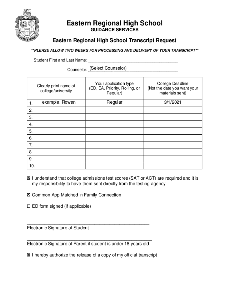 Fillable Online Eastern Regional High School Midyear Transcript Request Fax Email Print - pdfFiller