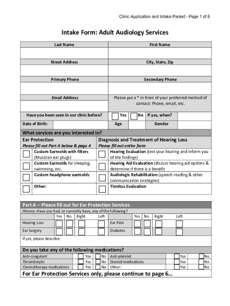 Fillable Online sphsc washington Intake Form: Adult Audiology Services ...