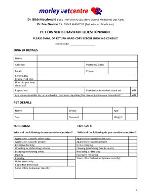 Fillable Online PET OWNER BEHAVIOUR QUESTIONNAIRE Fax Email Print ...