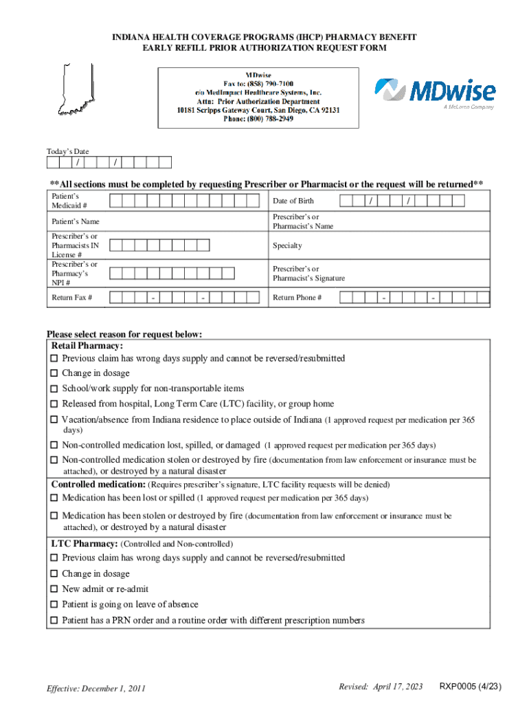 Fillable Online Indiana Health Coverage Programs (Ihcp) Pharmacy Benefit Early Refill Prior ...