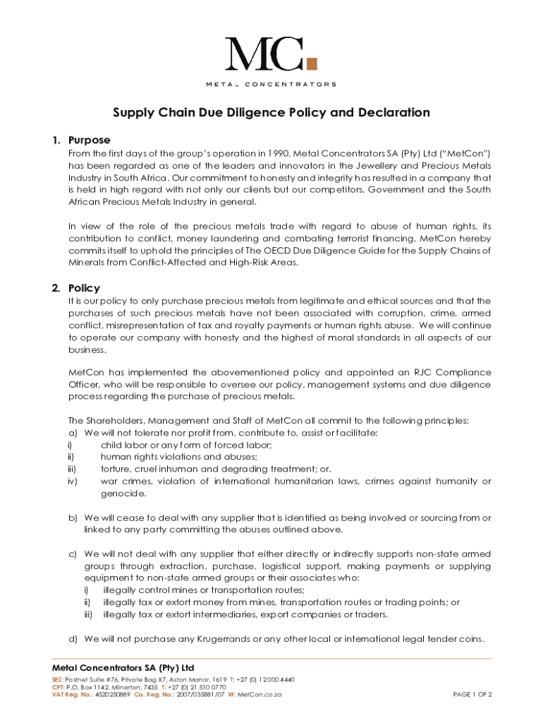 Fillable Online Supply Chain Due Diligence Policy and Declaration Fax ...