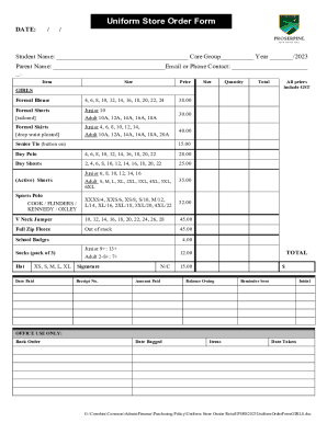 Fillable Online proserpineshs eq edu Uniform Store Order Form Fax Email ...