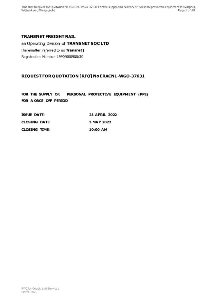 Fillable Online Transnet Request for Quotation No ERACNL-WGO-37631 ... Fax Email Print - pdfFiller
