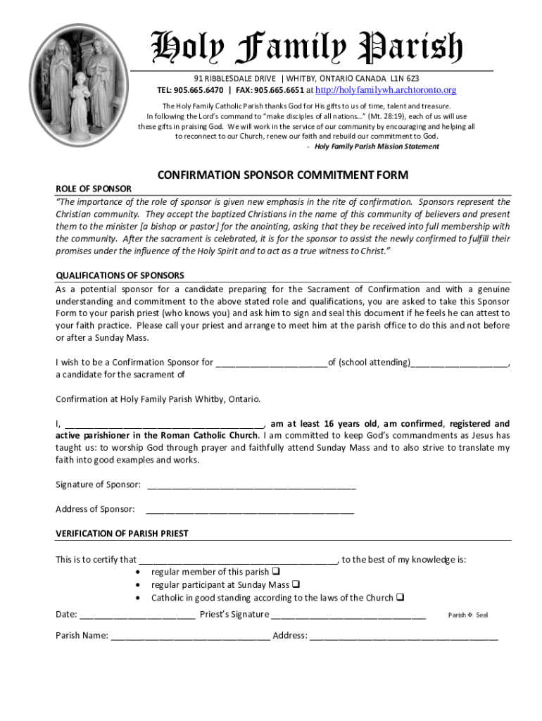 Fillable Online Holy Family Parish, Whitby - Archdiocese of Toronto Fax ...