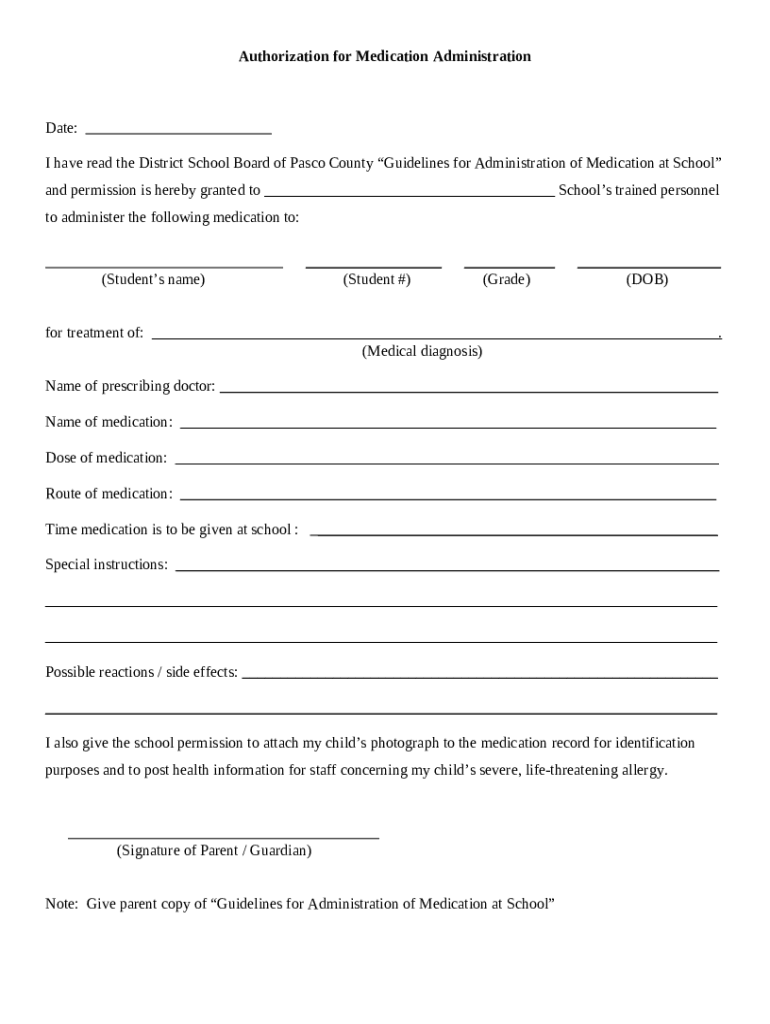 Parent/Guardian Authorization for Medication ... - pvms pasco k12 fl Doc Template | pdfFiller
