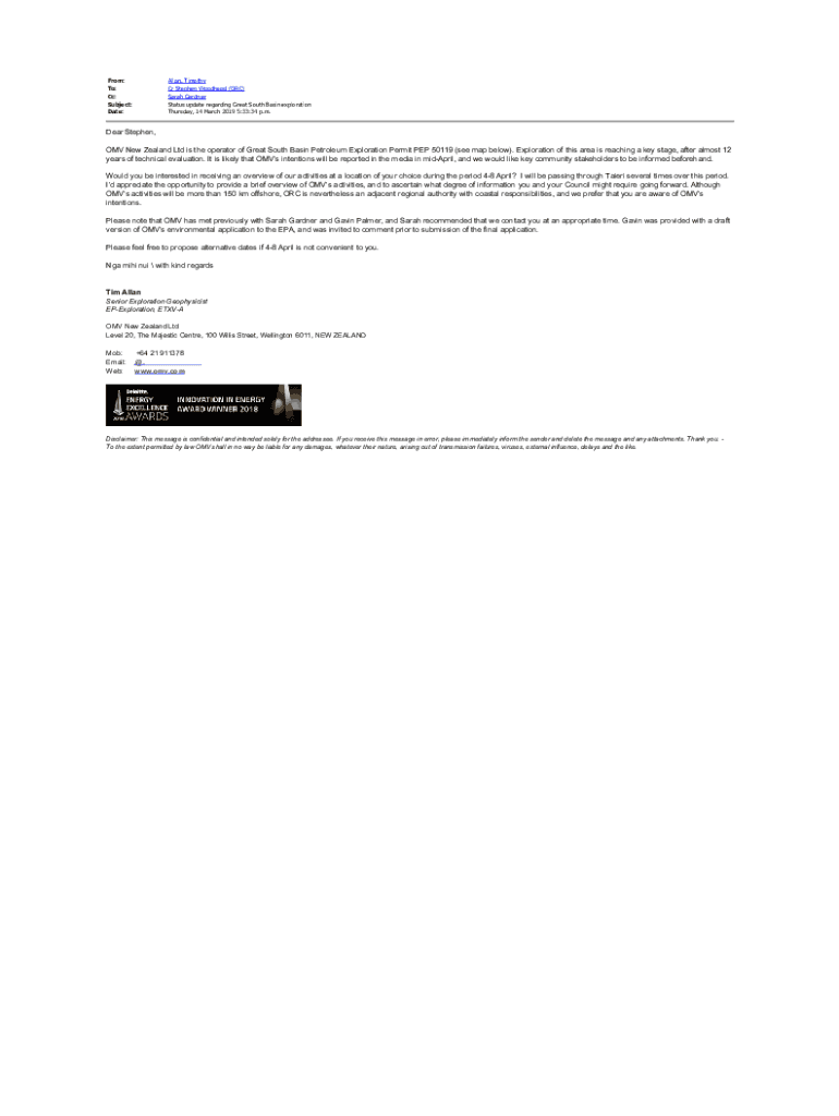 Fillable Online fyi org Dear Stephen, OMV New Zealand Ltd is the ...