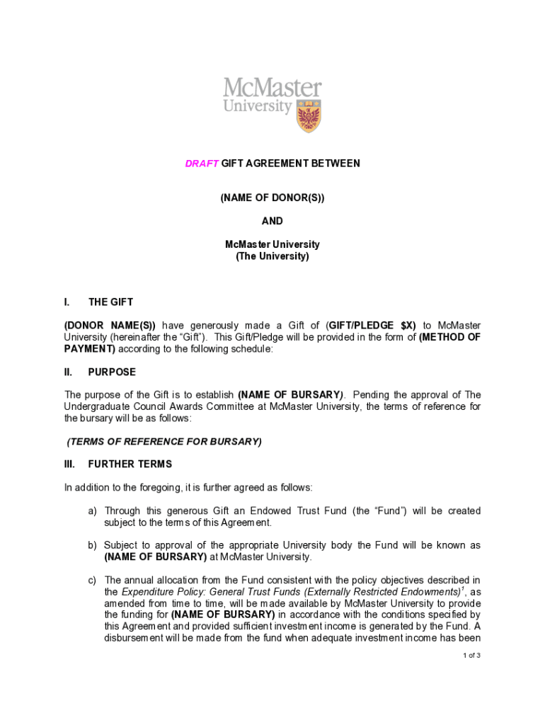 Fillable Online DRAFT GIFT AGREEMENT BETWEEN (NAME OF DONOR ... Fax ...