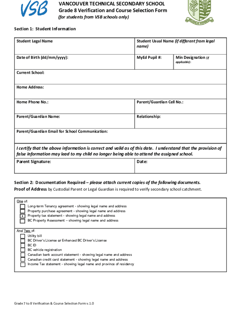 Fillable Online Grade 7 to 8 Verification & Course Selection Form v.1.0 Fax Email Print - pdfFiller