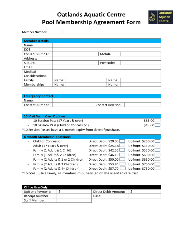Fillable Online Oatlands Aquatic Centre Pool Membership Agreement Form ...