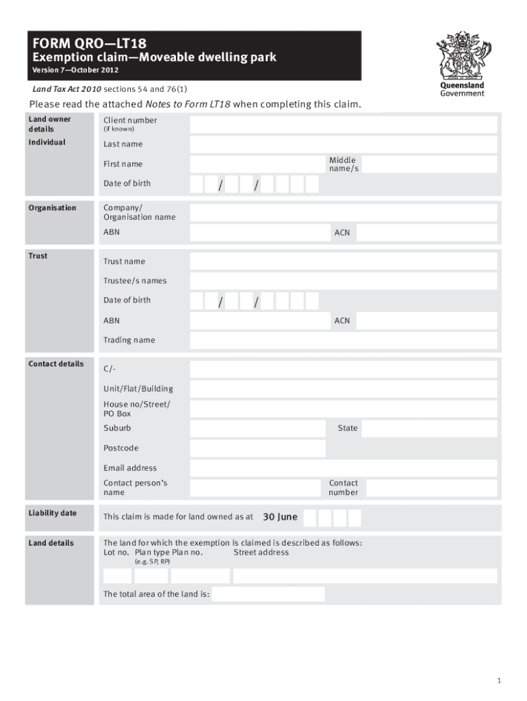 Fillable Online Form LT18 Exemption claimmoveable dwelling park. Form ...