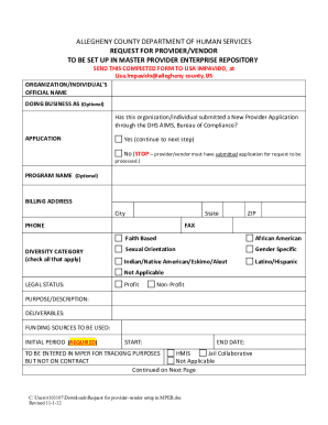 Fillable Online Request for Provider-Vendor set up in MPER. ALLEGHENY ...
