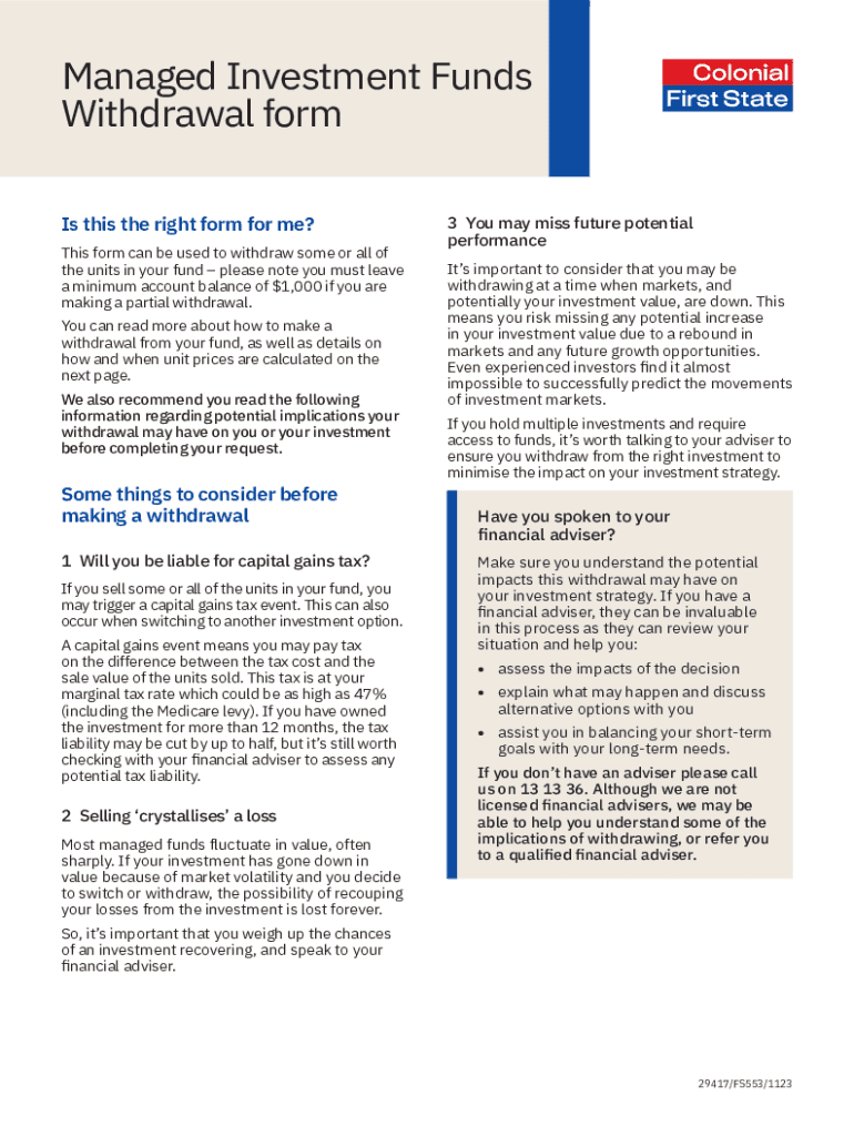 Fillable Online Managed Investment Funds Withdrawal Form Fax Email ...