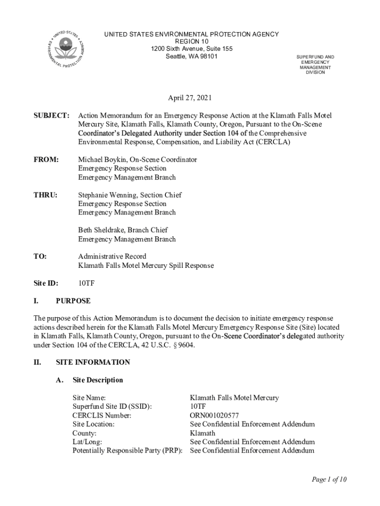 Fillable Online Action Memorandum for an Emergency Response Action at ...