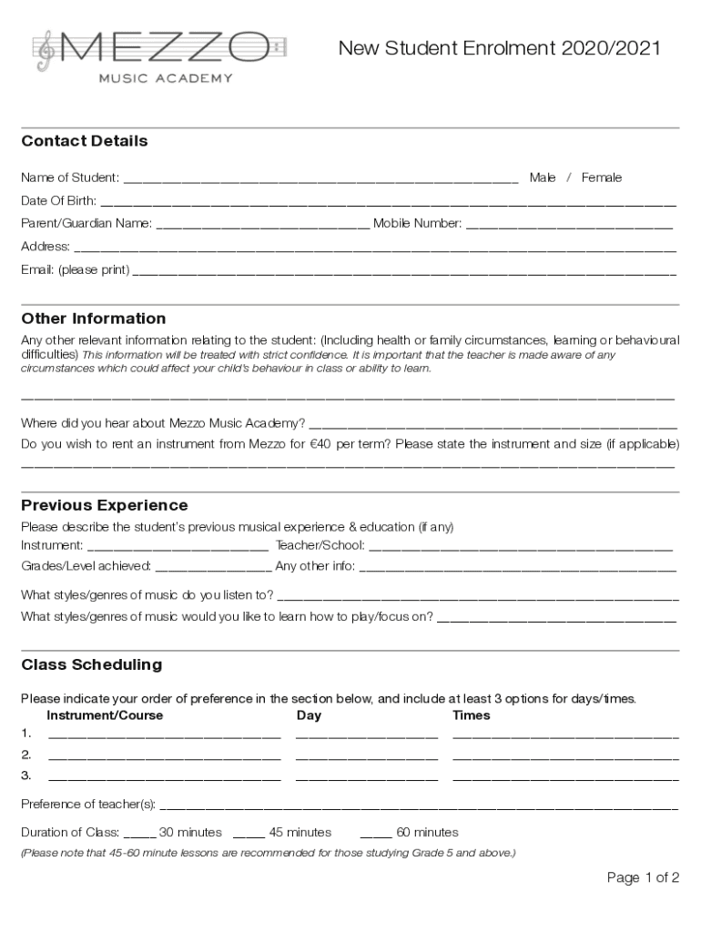 Fillable Online New Student Enrolment Form 20:21 Fax Email Print - pdfFiller