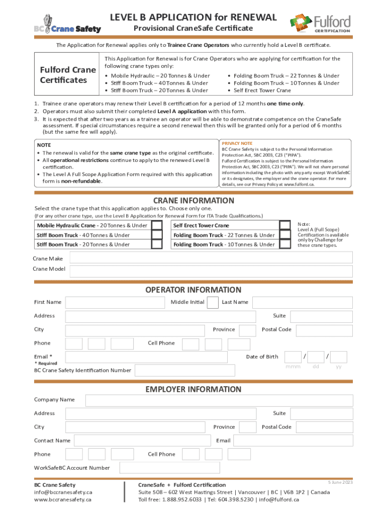 Fillable Online Fulford Level B Provisional Crane Operator Certificate Fax Email Print - pdfFiller
