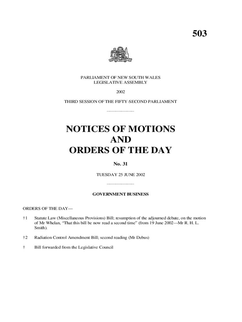 Fillable Online 503 NOTICES OF MOTIONS AND ORDERS OF THE DAY Fax Email Print - pdfFiller