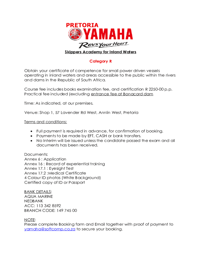 Fillable Online The SAMSA Category R Skipper's License in South Africa ...